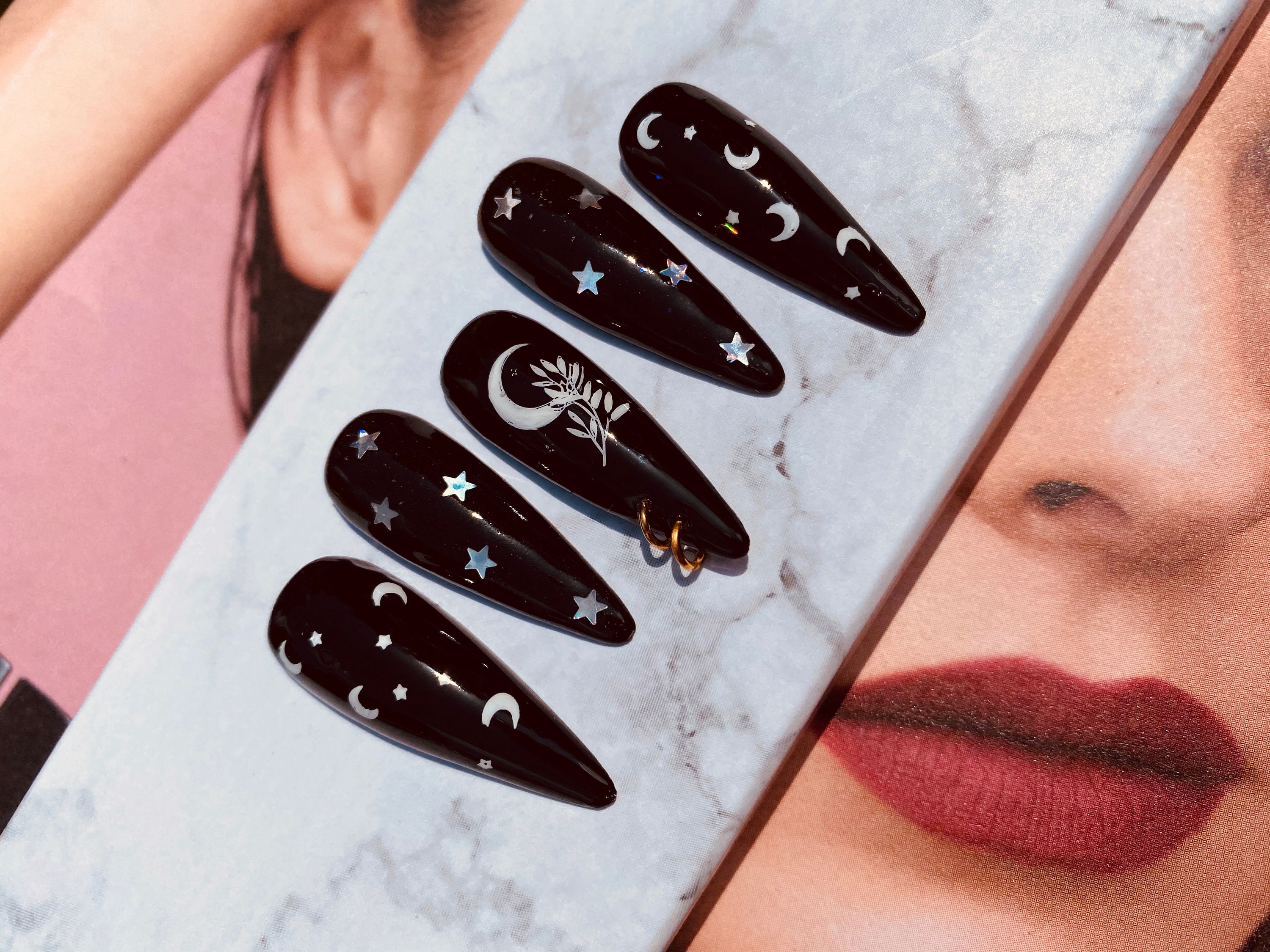 Moon Child Dark Black Star Moon Nails With Accent Hoop Nail - Etsy