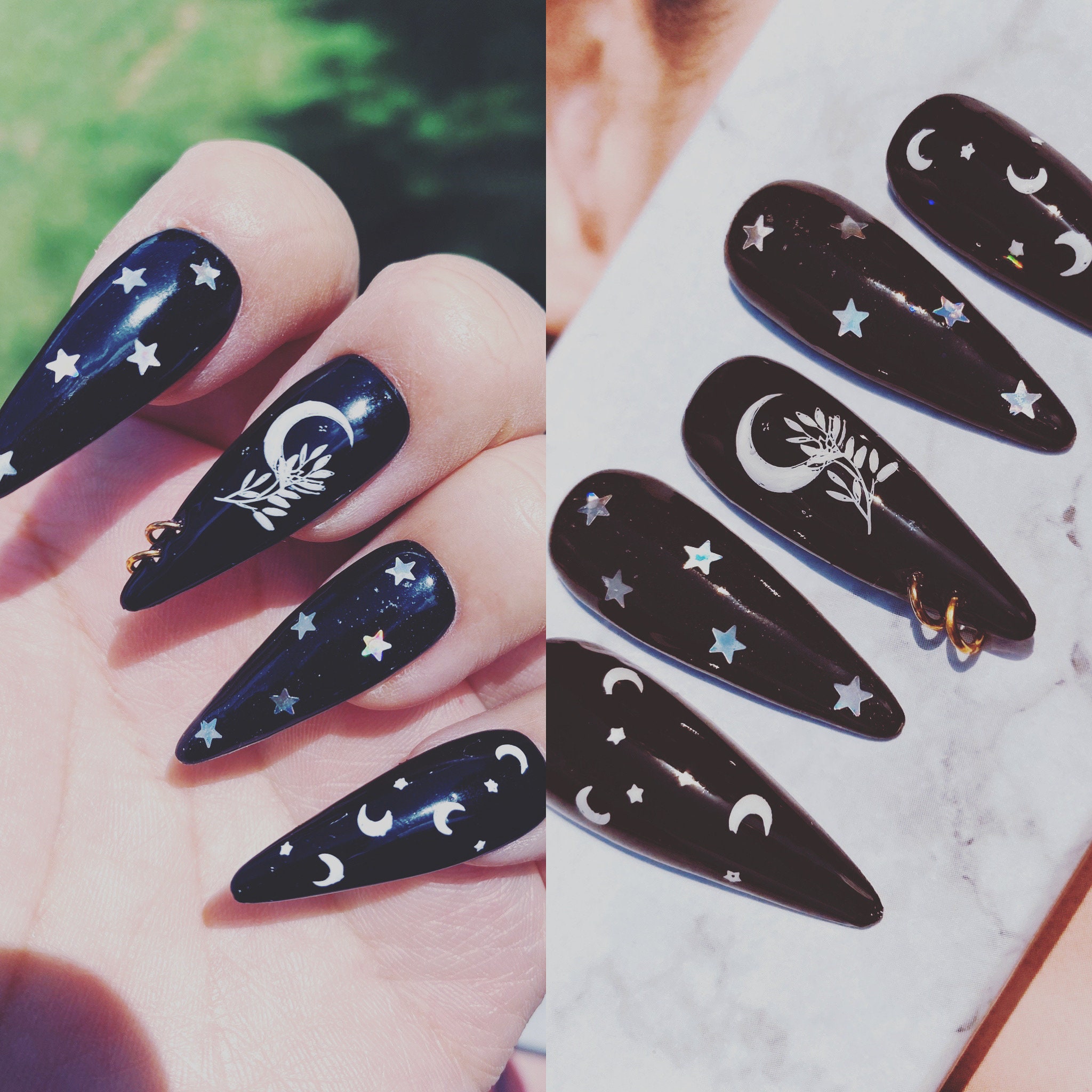 Moon Child Dark Black Star Moon Nails With Accent Hoop Nail - Etsy