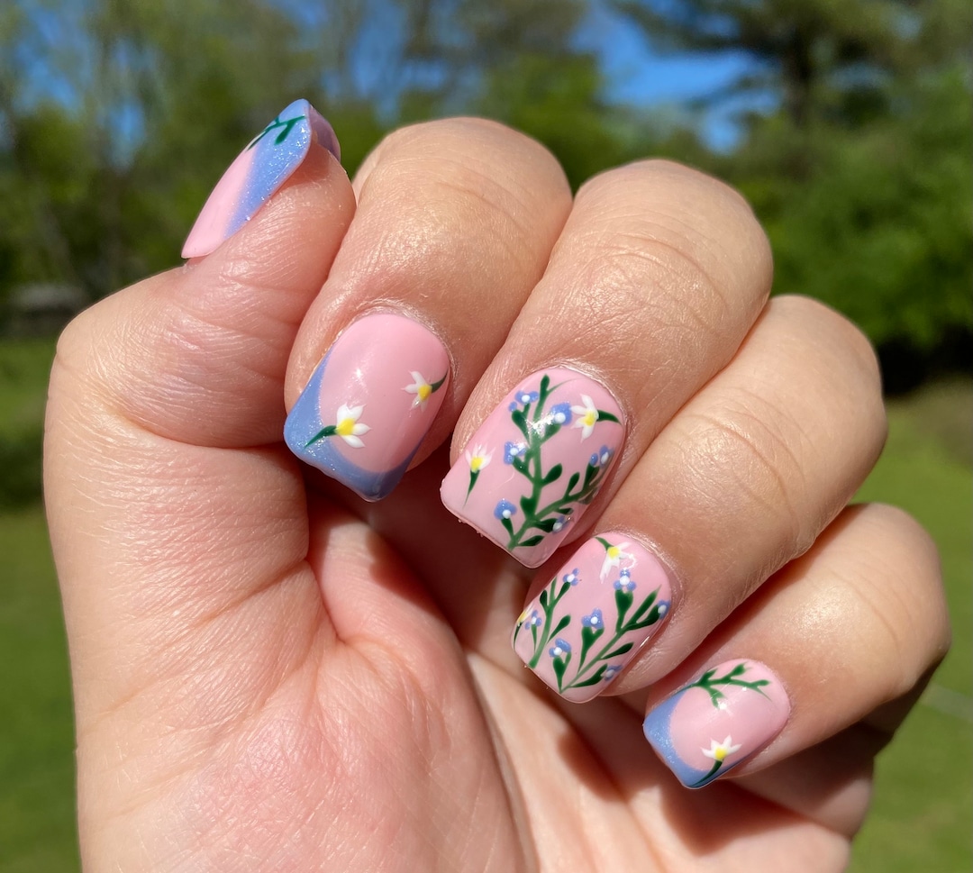 Wildflower French Tip Press on Periwinkle Nails-styled in Short Square ...