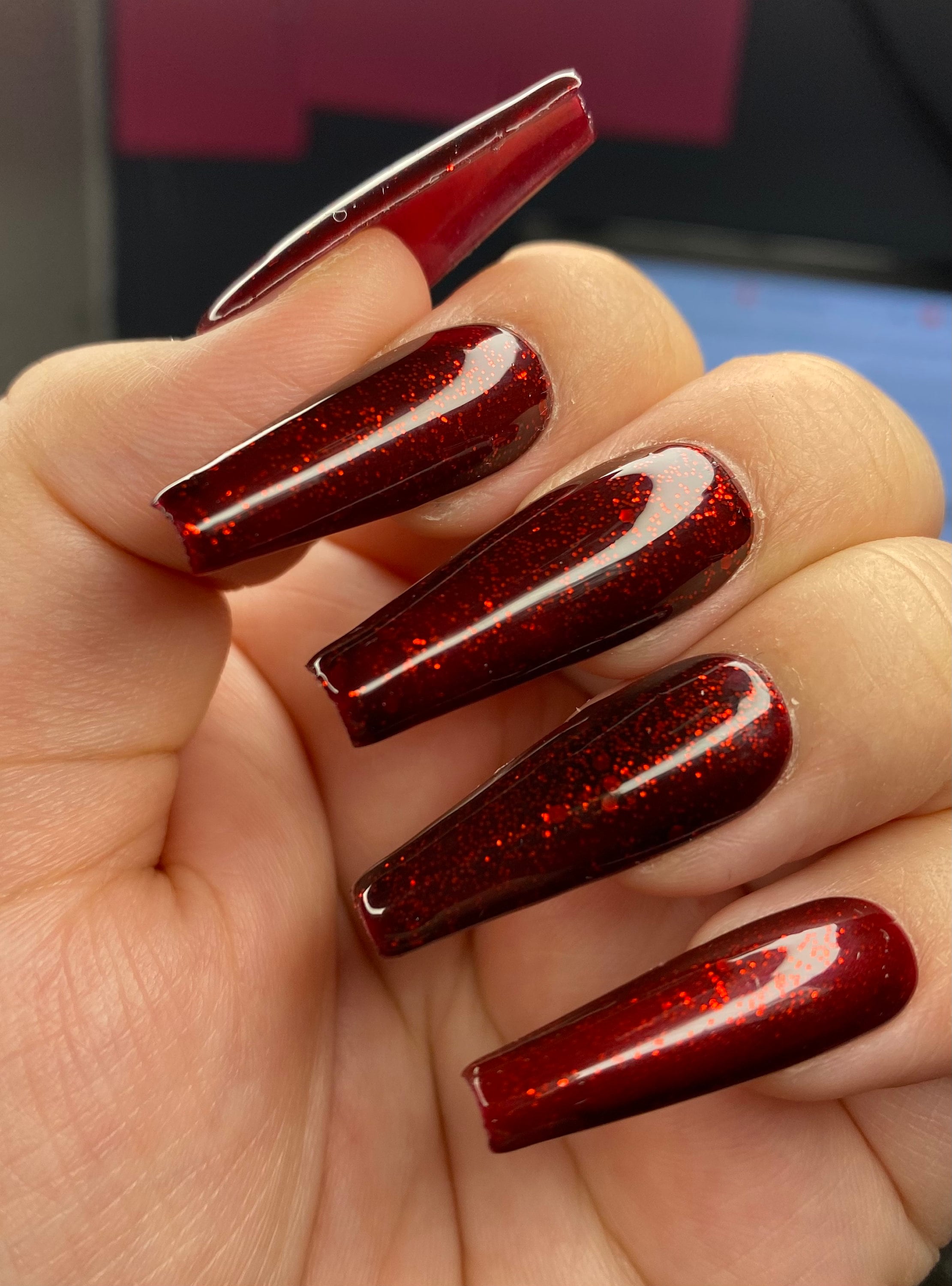 Ruby Red Glitz Glitter Nails-styled in Long Ballerina - Etsy