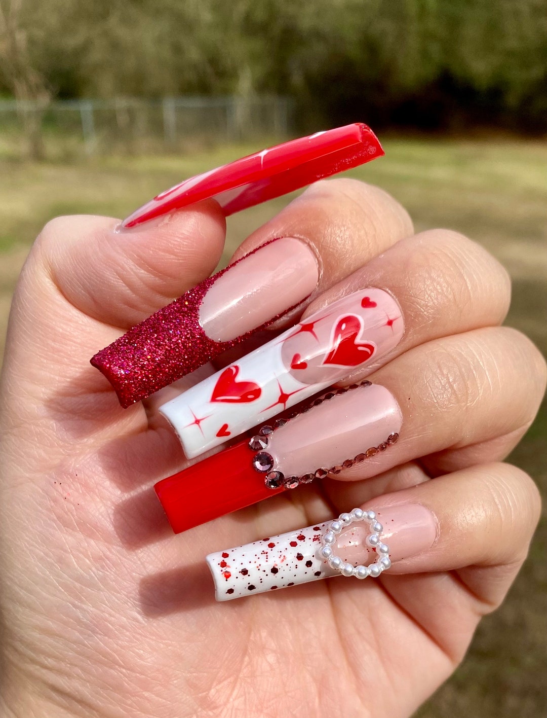 Red Valentine Press on Nails | Glitter French Tip & Heart Art - Etsy