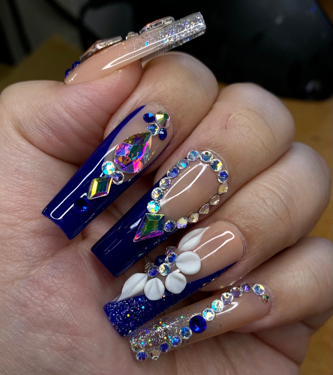 3D Flower Blue French Tip Bling Press on Nails -styled in Long Square ...