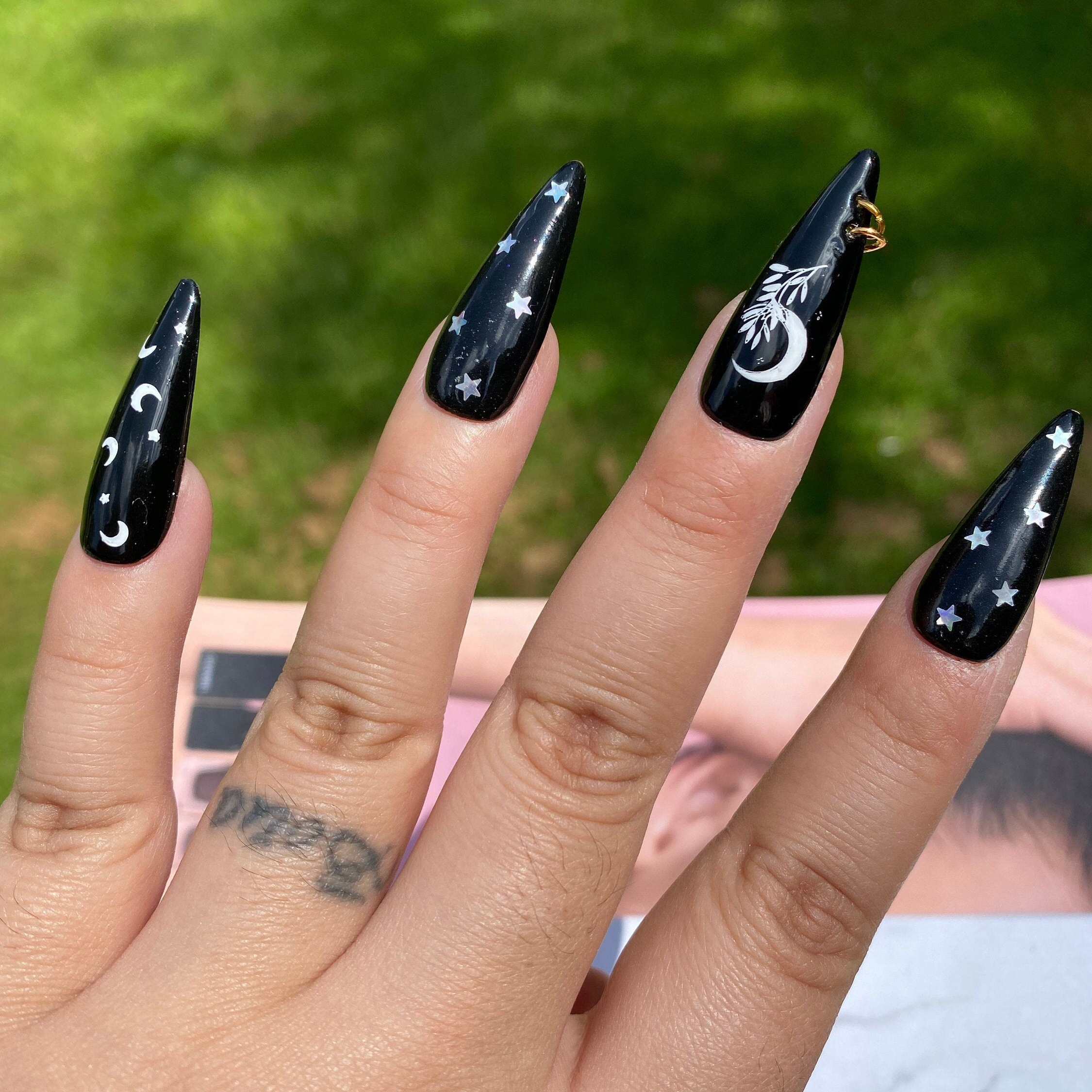 Moon child Dark black star moon nails with accent hoop nail | Etsy