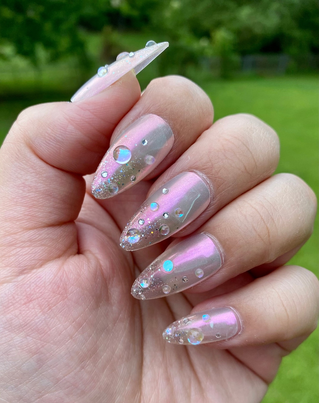 Aurora Chrome Mermaid Tears Pearl Rhinestones Press on styled in Medium ...