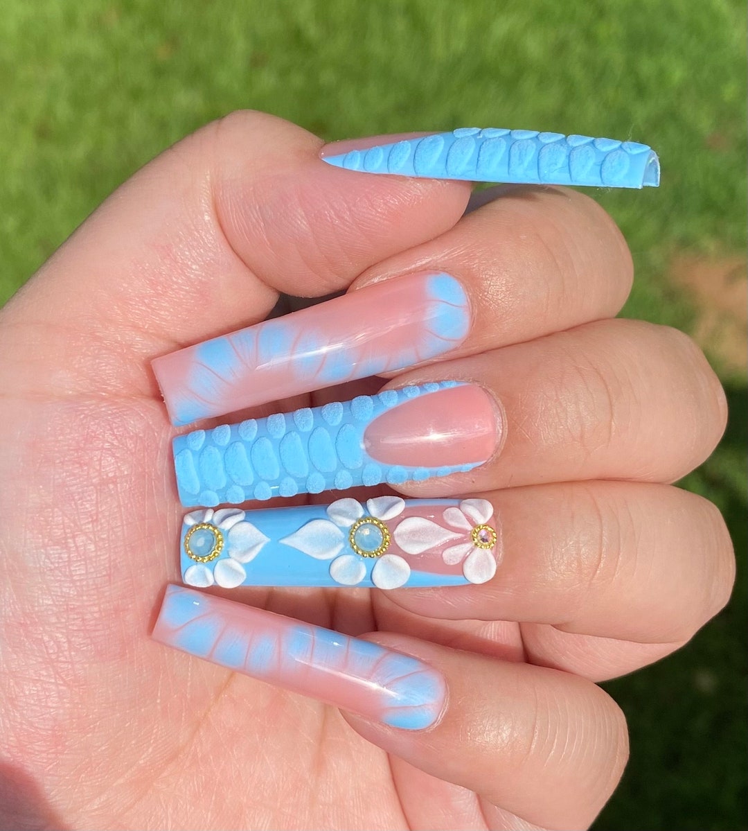Baby Blue Croc French Tip Nails 3d Acrylic Flowers Press On-styled in ...