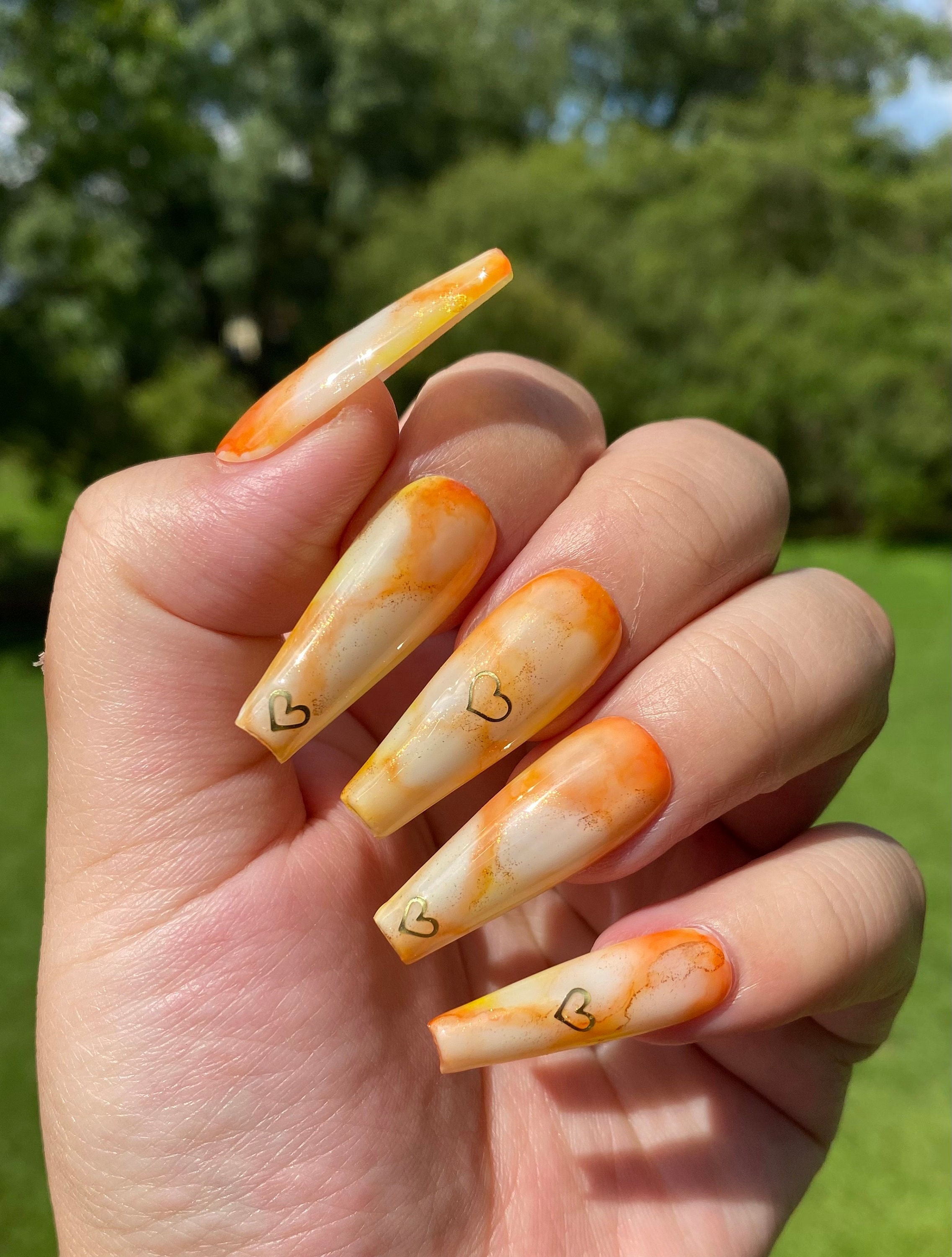 Summer Orange Yellow Marble Nails With Gold Accent - Etsy
