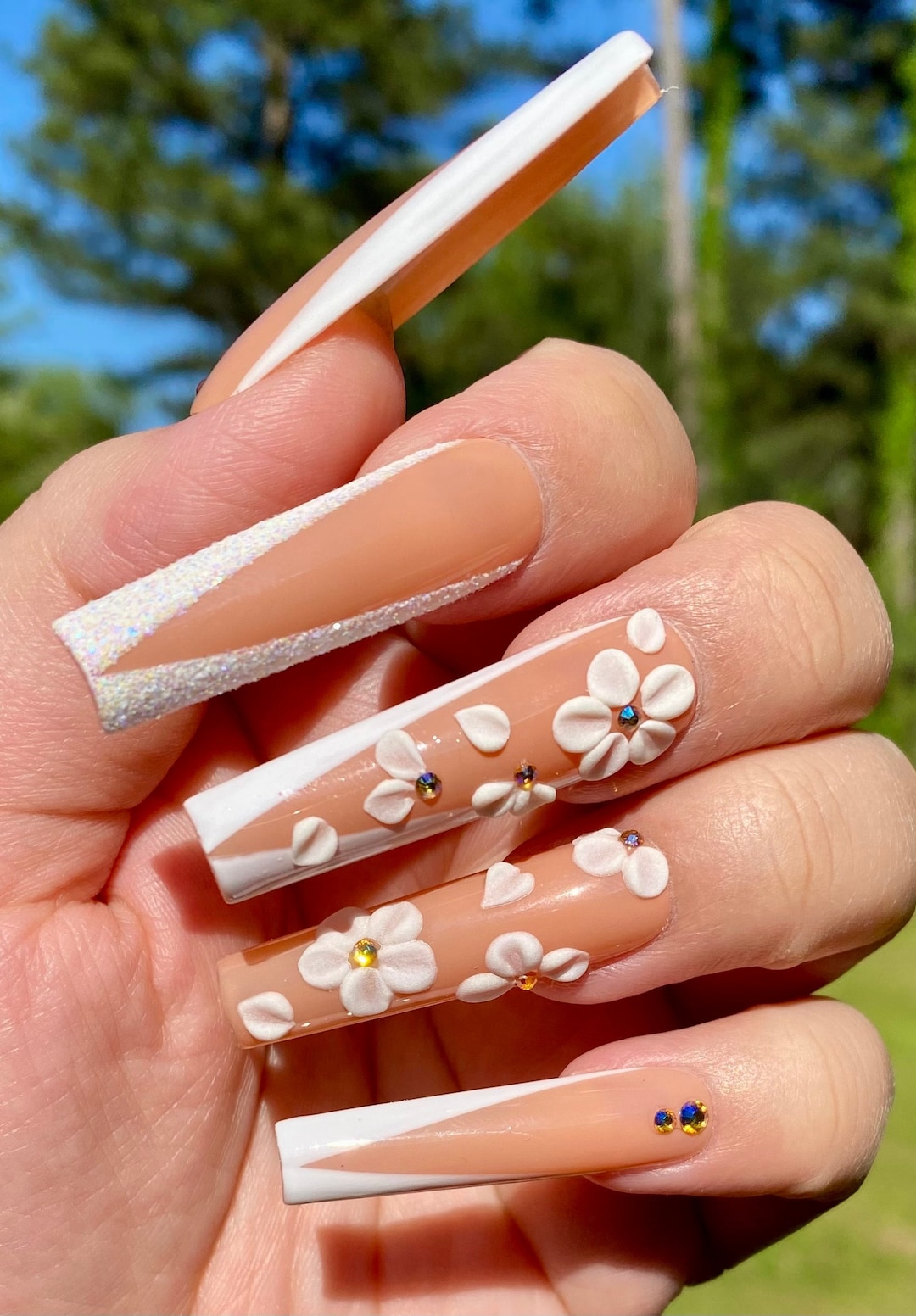 3D Flowers French Tip Press on Nails-styles on XXL Square - Etsy