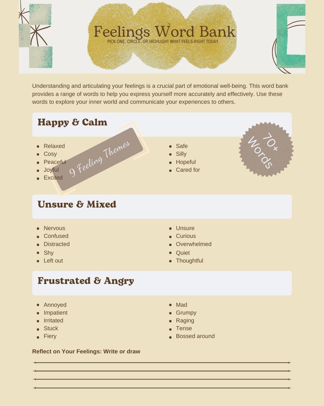 Feelings Word Bank for Reflection | Printable Worksheet | Instant ...