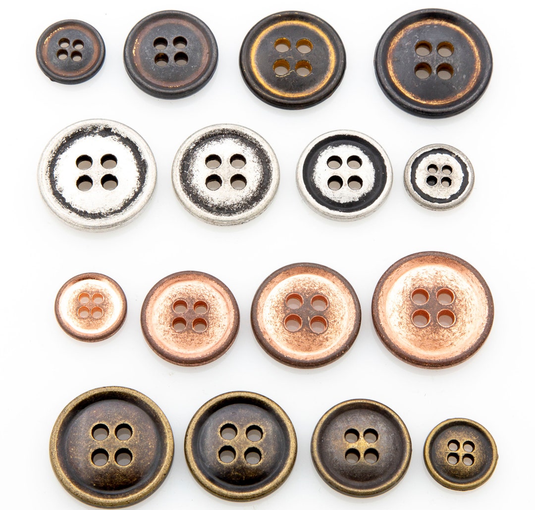 Rustic 4 Hole Metal Button (10 Pcs) - 25/23/20/15mm; Dark Graphite/tin ...