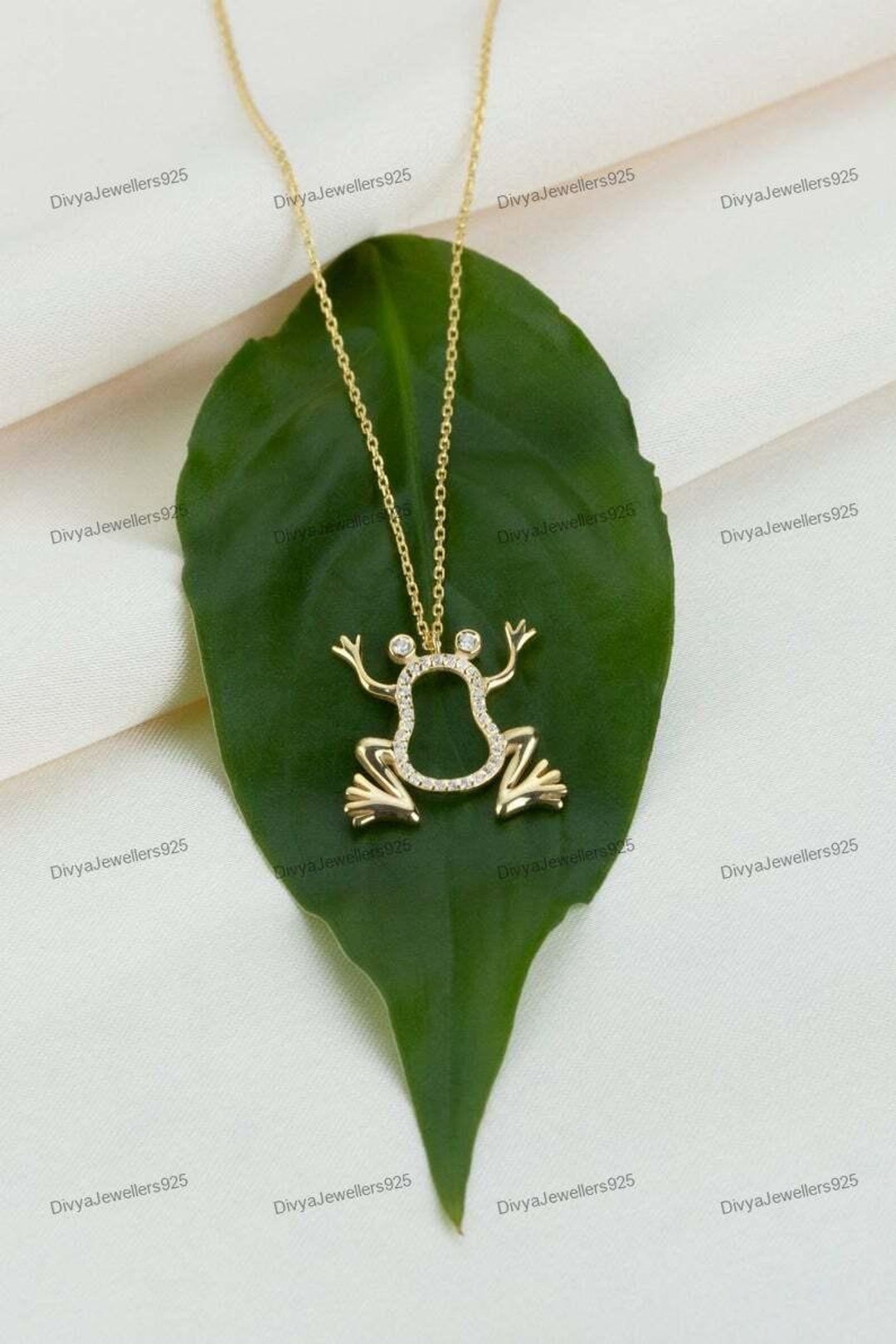 14k Solid Gold Diamond Frogs Pendant With Chain, Gemstone Pendant 14k ...