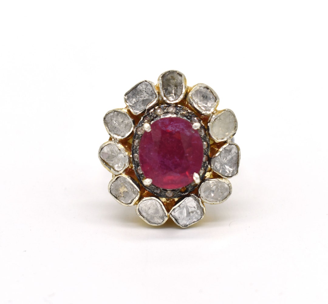 Natural Ruby Gemstone Ring Designer Ring Polki Diamond Statement Ring ...