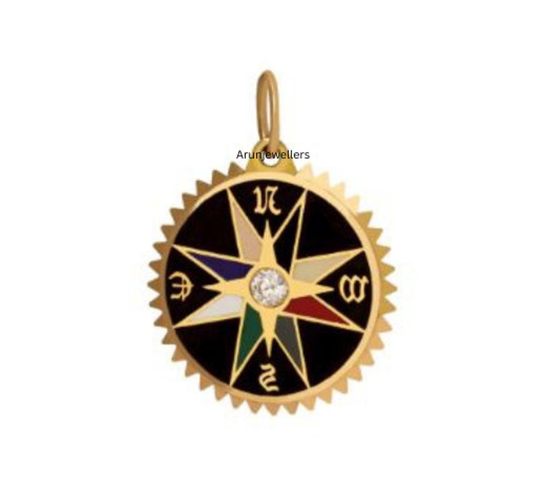 14k Solid Gold Compass Pendant Diamond Charm Pendant Beautiful Compass ...