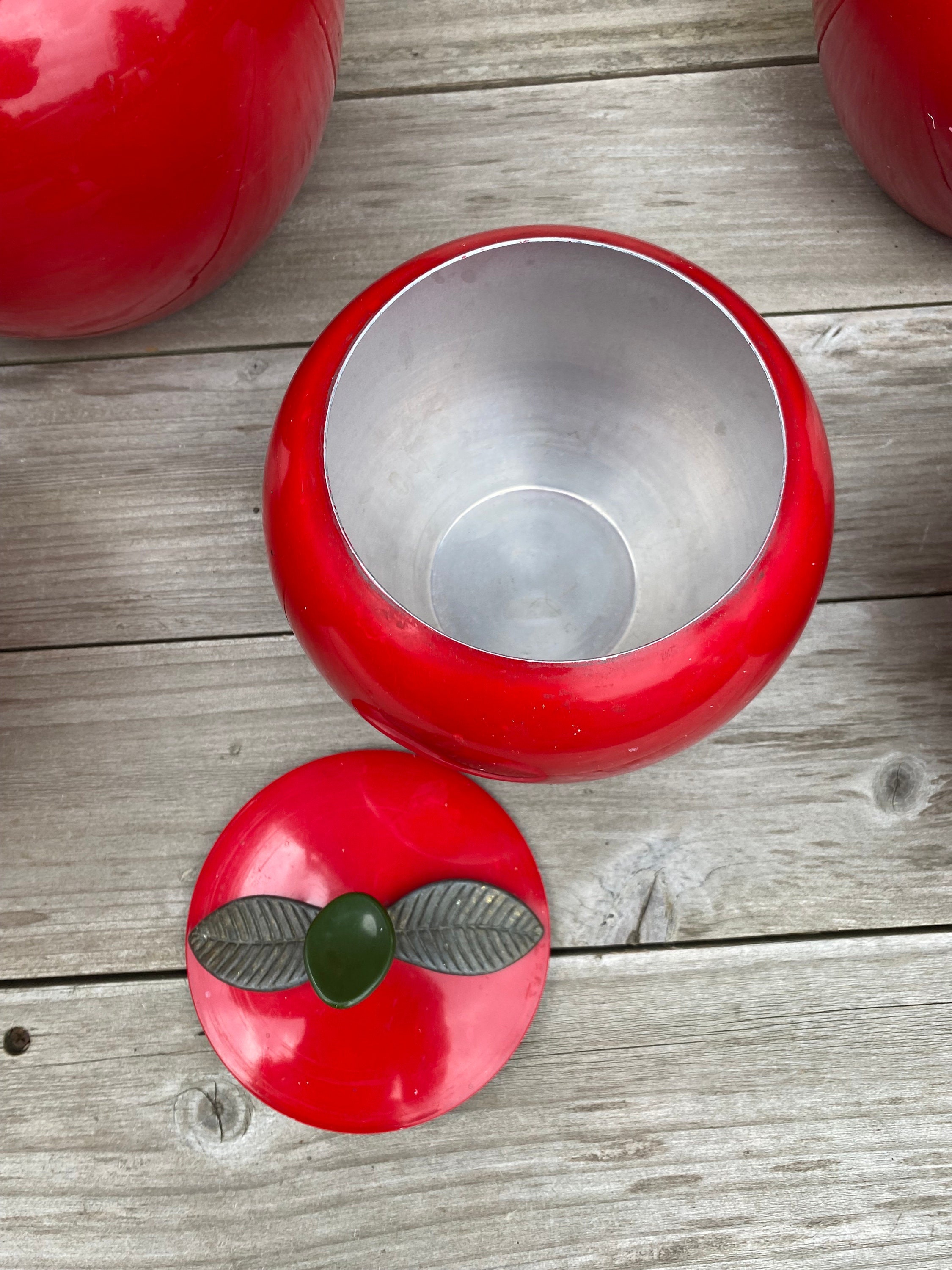 Vintage Enamelware Apple Canister Set, Mid Century Red Apple Aluminium ...