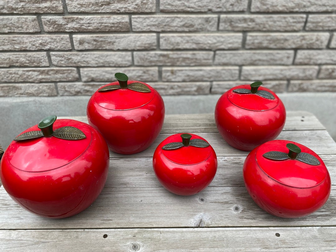Vintage Enamelware Apple Canister Set, Mid Century Red Apple Aluminium ...