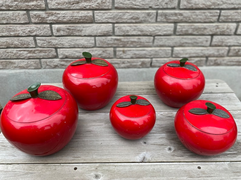 Vintage Enamelware Apple Canister Set, Mid Century Red Apple Aluminium ...