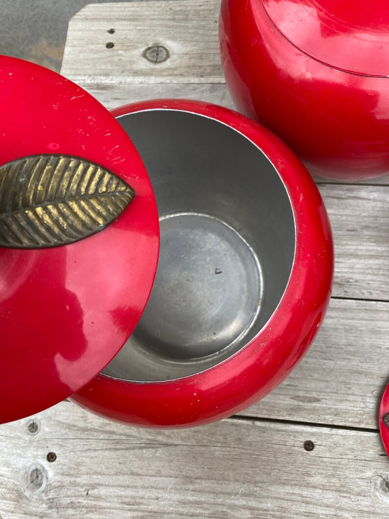 Vintage Enamelware Apple Canister Set, Mid Century Red Apple Aluminium ...