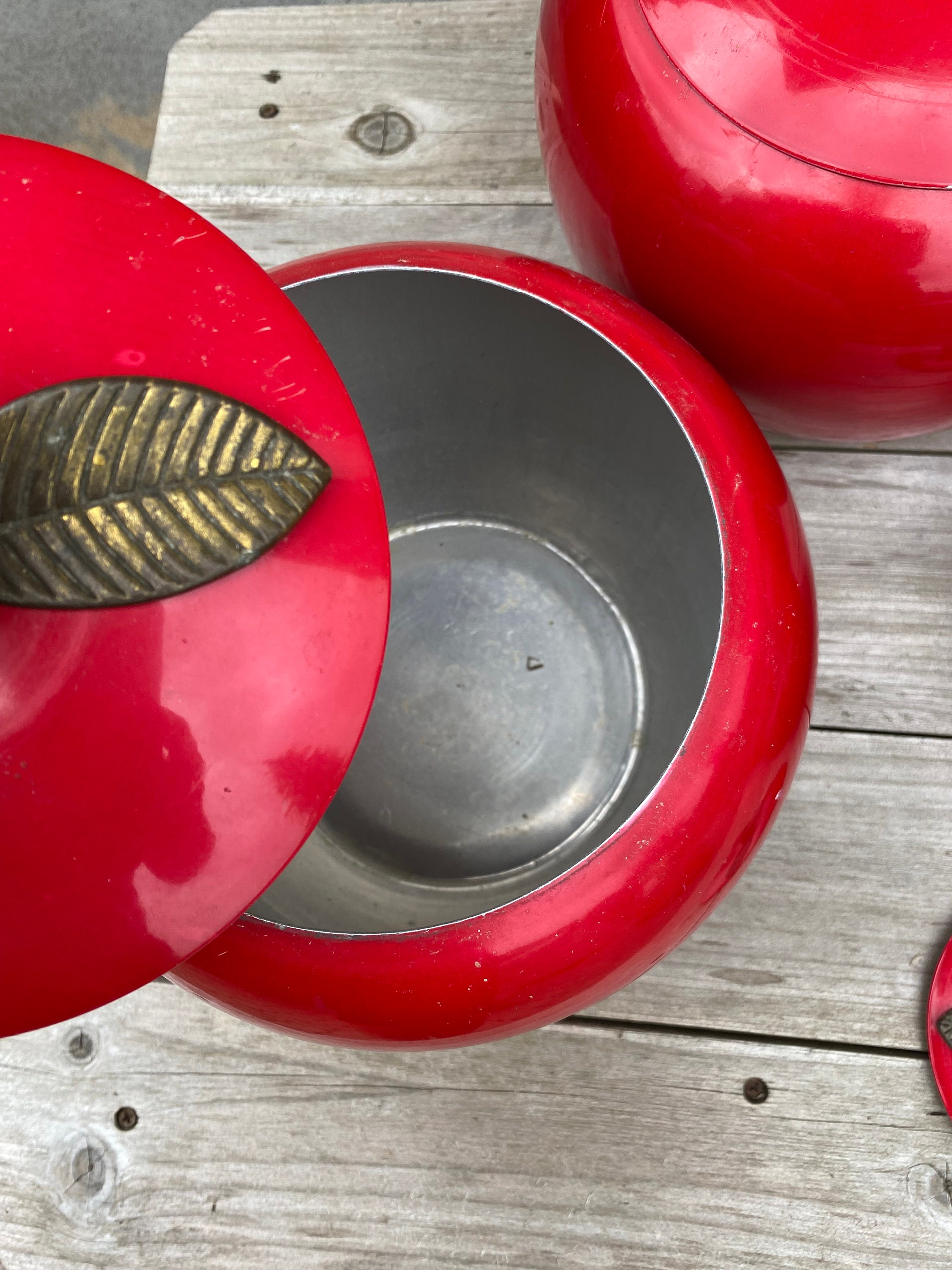 Vintage Enamelware Apple Canister Set, Mid Century Red Apple Aluminium ...