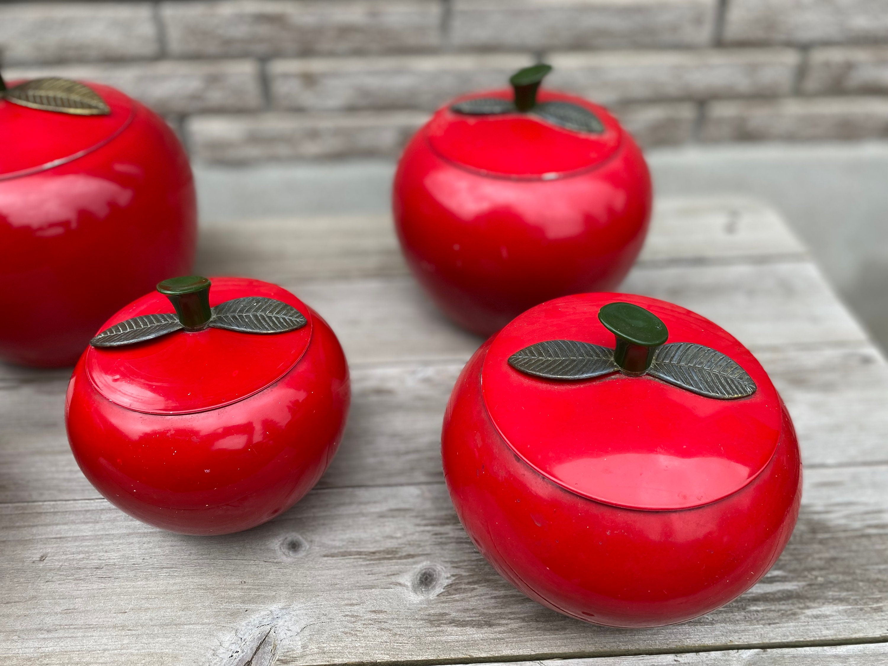 Vintage Enamelware Apple Canister Set, Mid Century Red Apple Aluminium ...