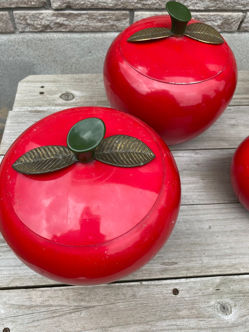 Vintage Enamelware Apple Canister Set, Mid Century Red Apple Aluminium ...