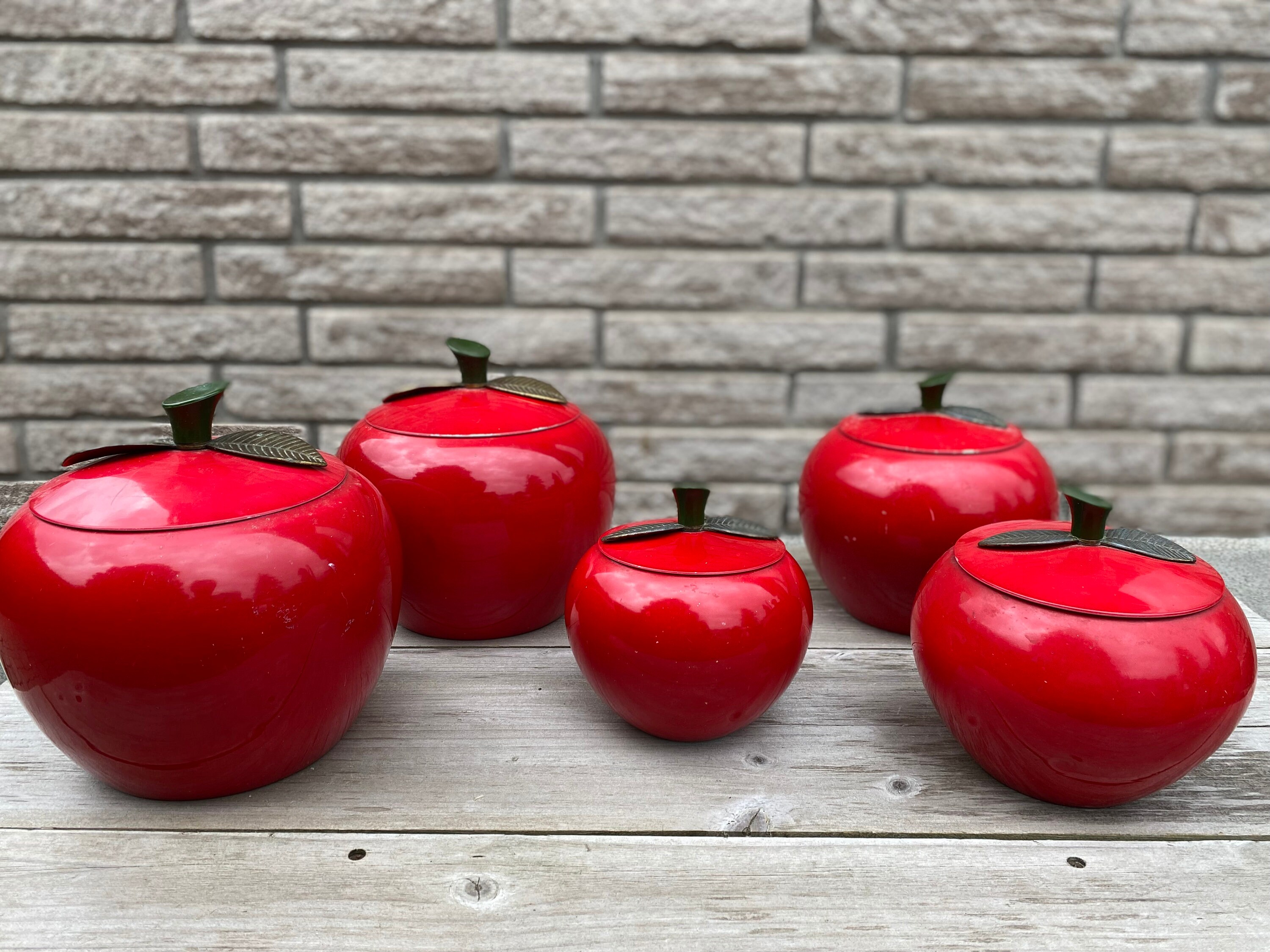 Vintage Enamelware Apple Canister Set, Mid Century Red Apple Aluminium ...