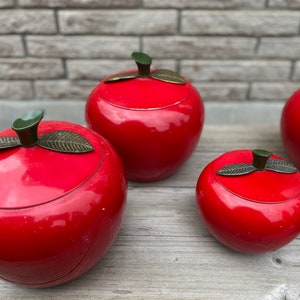 Vintage Enamelware Apple Canister Set, Mid Century Red Apple Aluminium ...