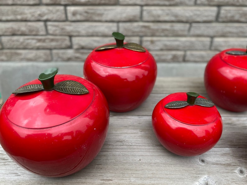 Vintage Enamelware Apple Canister Set, Mid Century Red Apple Aluminium ...