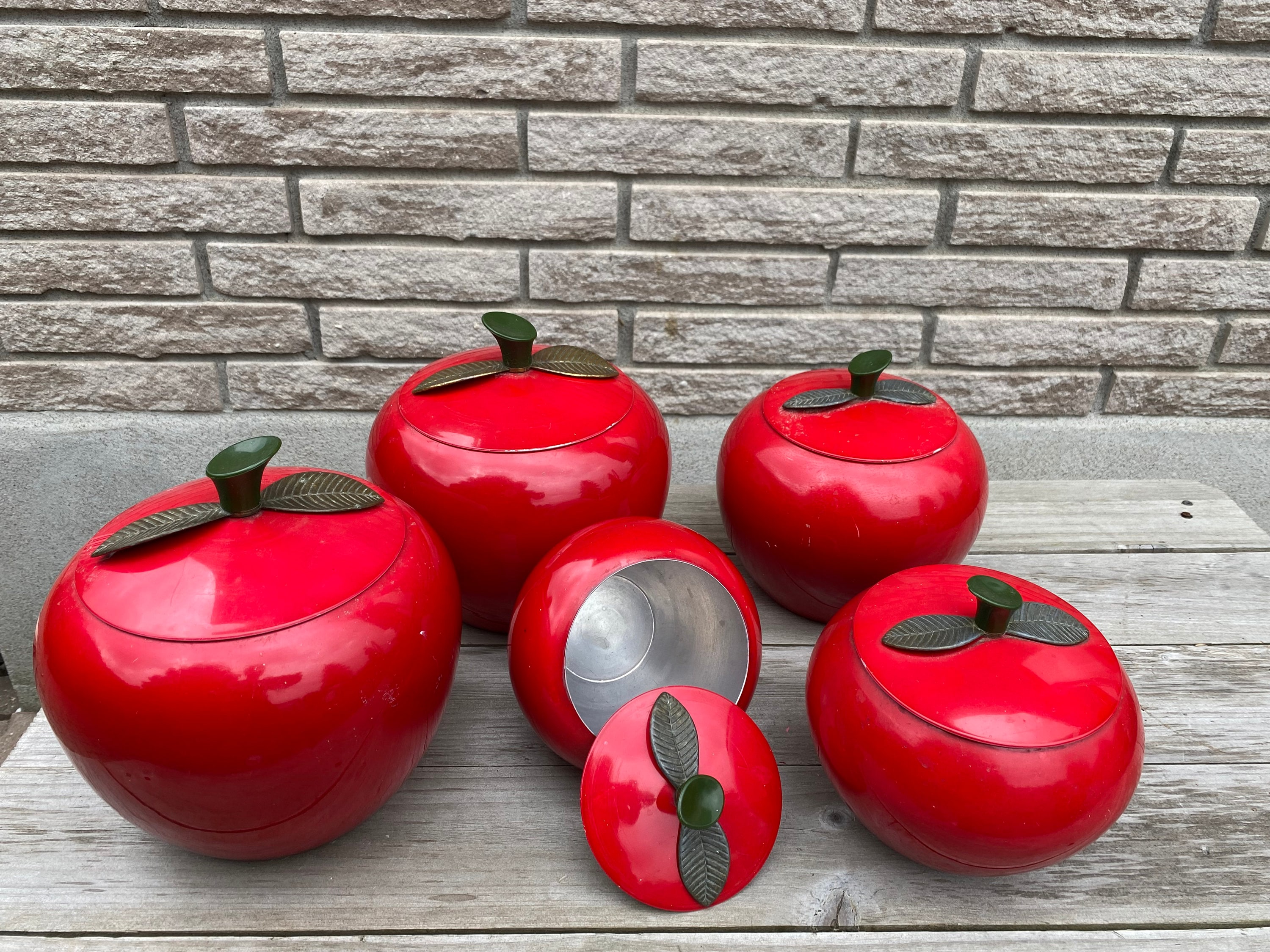 Vintage Enamelware Apple Canister Set, Mid Century Red Apple Aluminium ...
