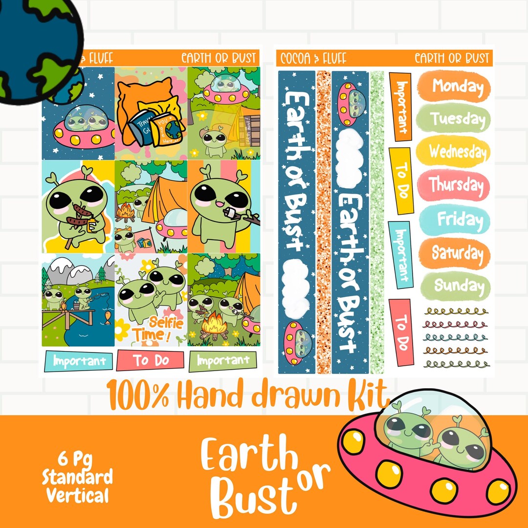Earth or Bust Hand Drawn Weekly Sticker Kit / Summer Camping Planner ...
