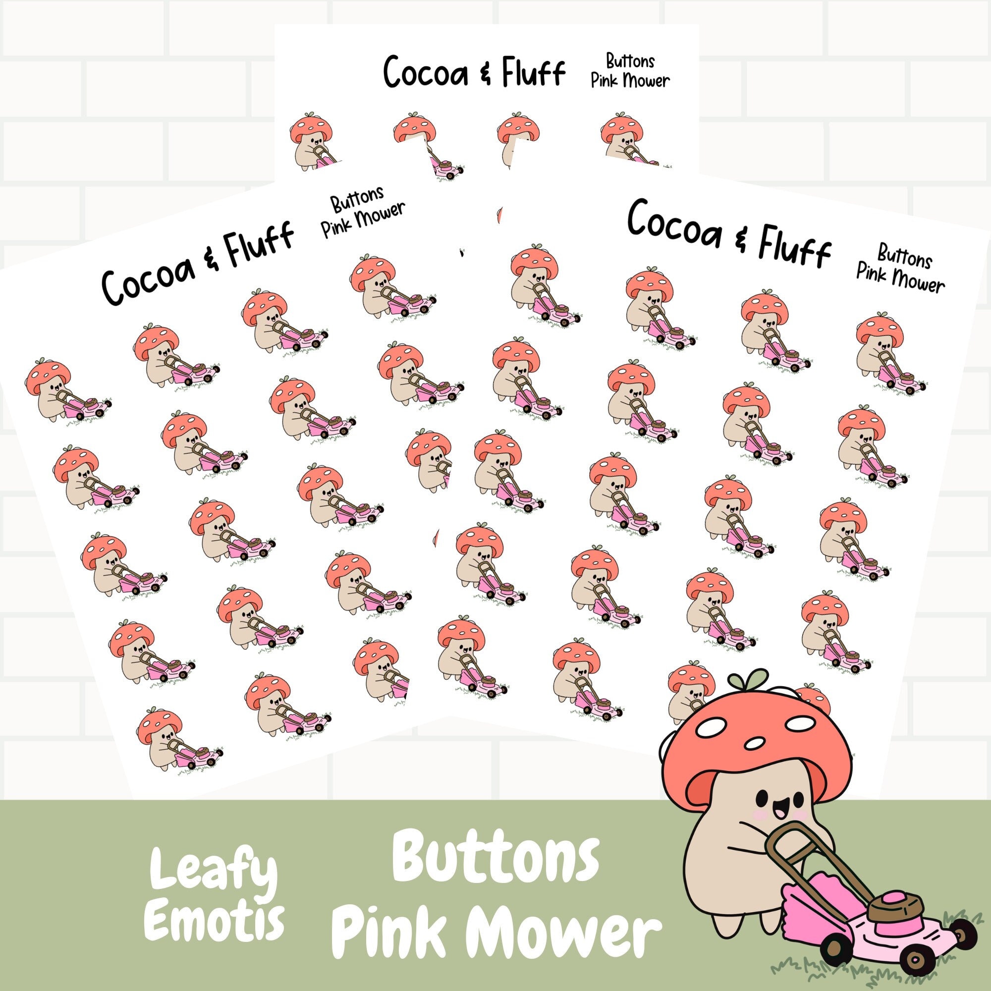 Buttons Pretty Pink Mower Planner Icons, Hand Drawn Stickers, Leafy ...