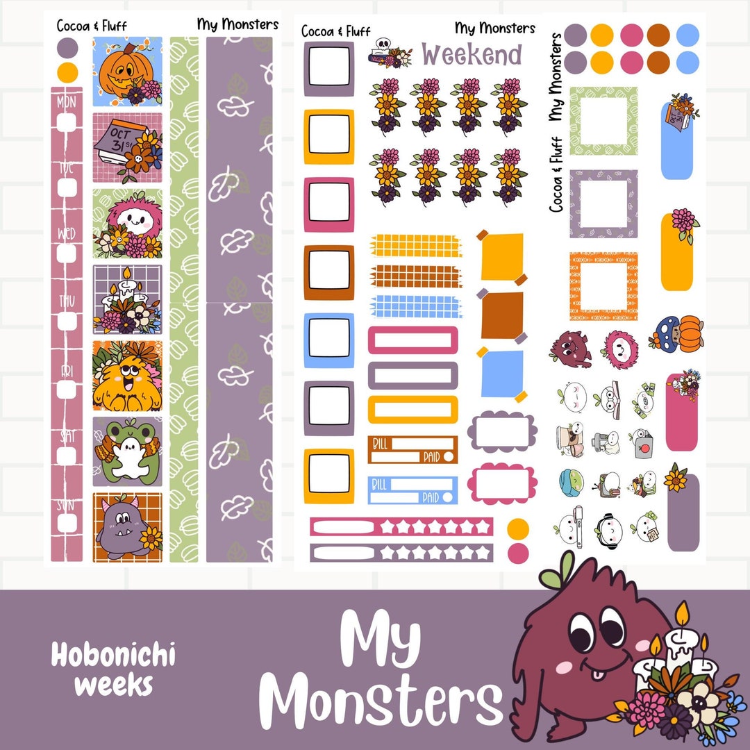My Monsters Planner Sticker Kit, Hand Drawn Stickers, Hobonichi Weeks ...