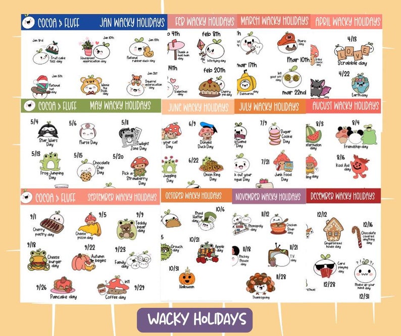 Wacky Holidays Leafy Planner Icons, Hand Drawn Stickers, Holiday Icons ...