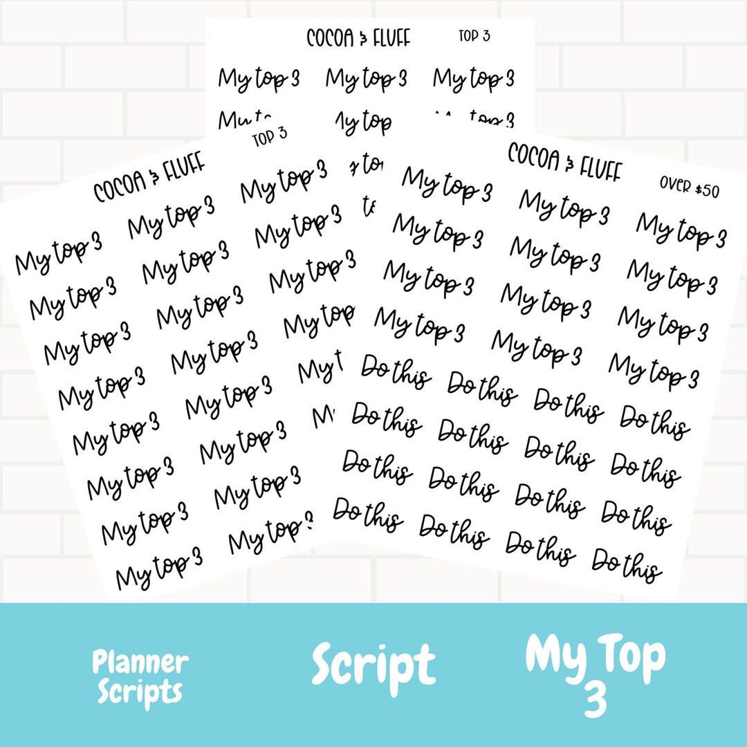 My Top 3 Word Script Headers Planner Stickers, Black Words on White ...