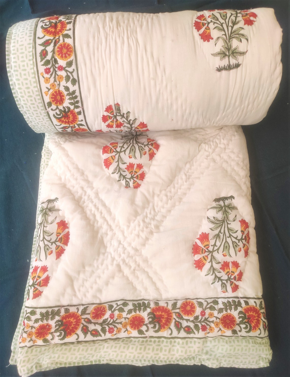 Rose flower hand block printed cotton razai reversible cotton | Etsy