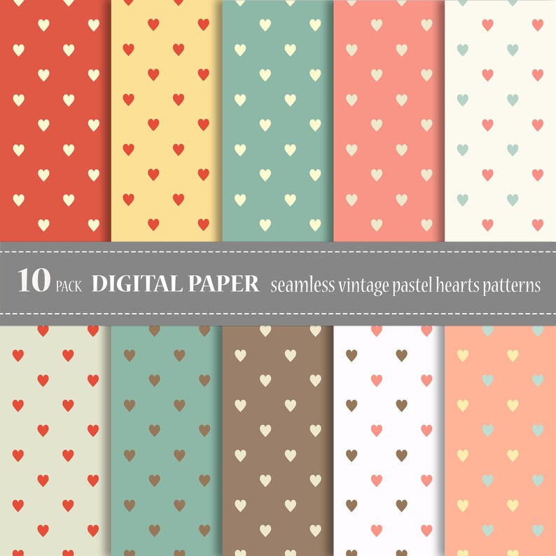 Seamless Hearts Pattern Digital Paper, Vintage Heart Pattern, Pastel ...