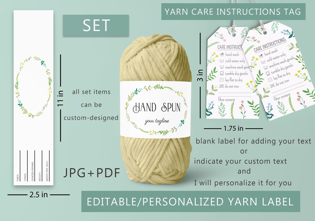 Floral Yarn Skein Wrap Labels Care Instructions Tag Set for Handmade ...