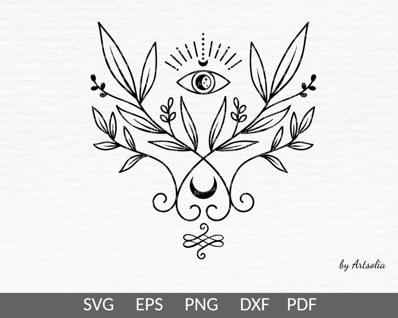 Evil Eye Svg-pagan Svg With Floral Ornament Unalome-wicca Crescent Moon ...