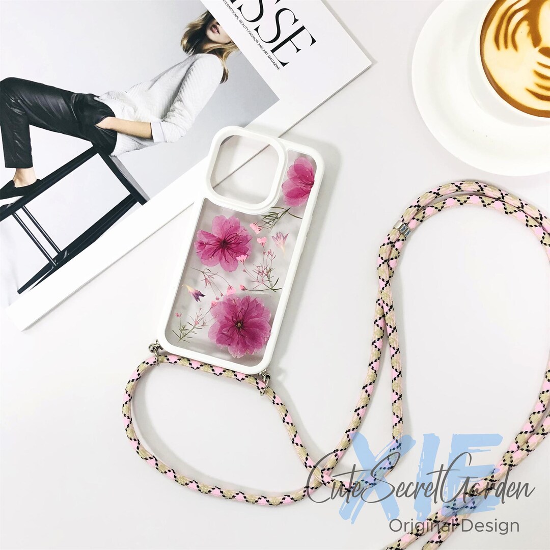Real Pink Sakura Flower Phone Case With Chain, Bohemian Style Phone ...
