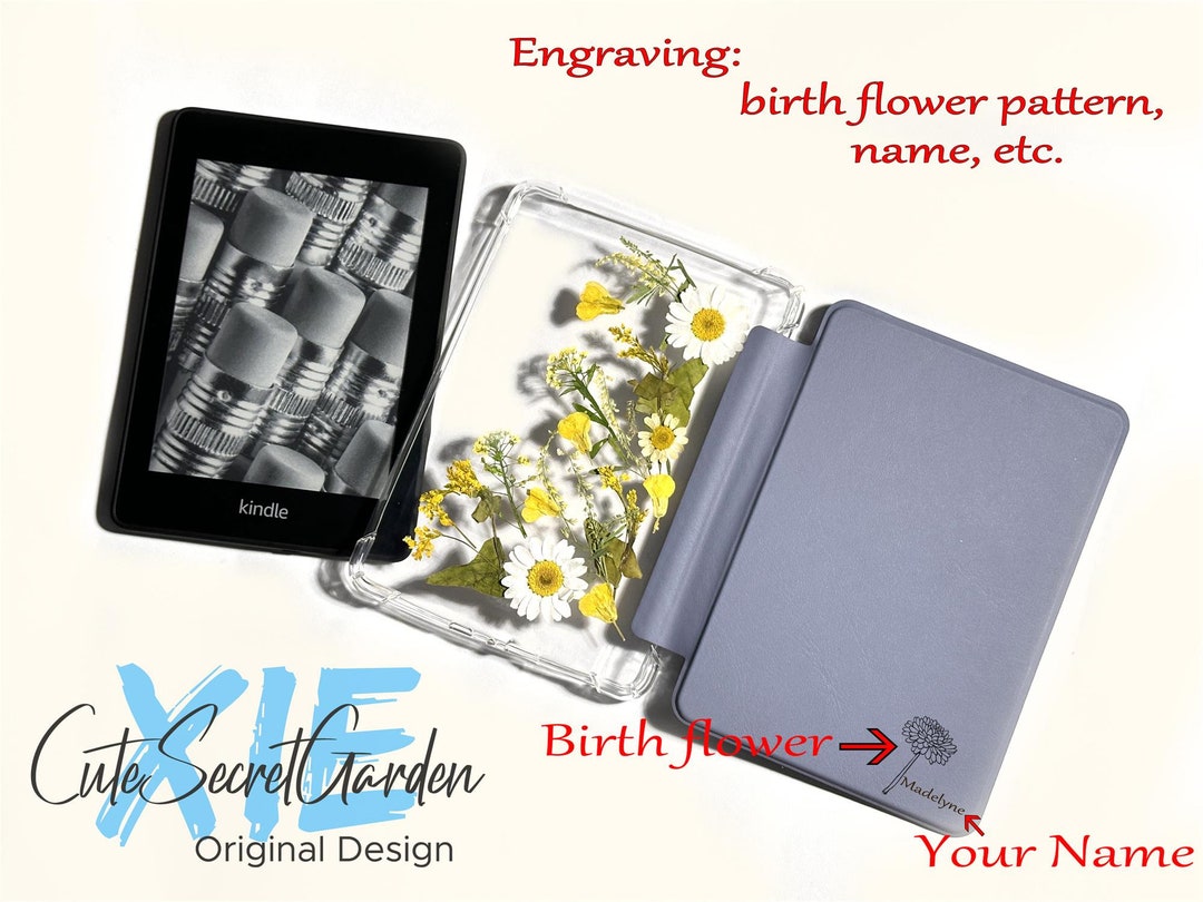 Pressed White Flower & Custom Birth Flower Name Case for Kindle ...