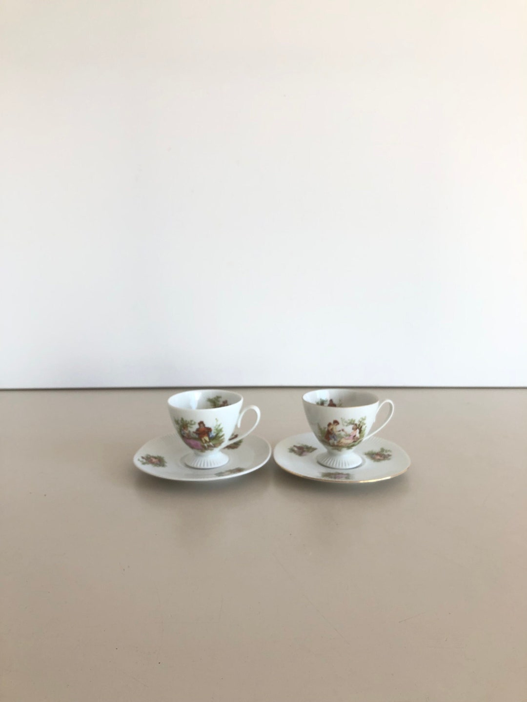 2 Cups and Saucers Chodziez Poland Porcelain Romantic Scene Vintage - Etsy