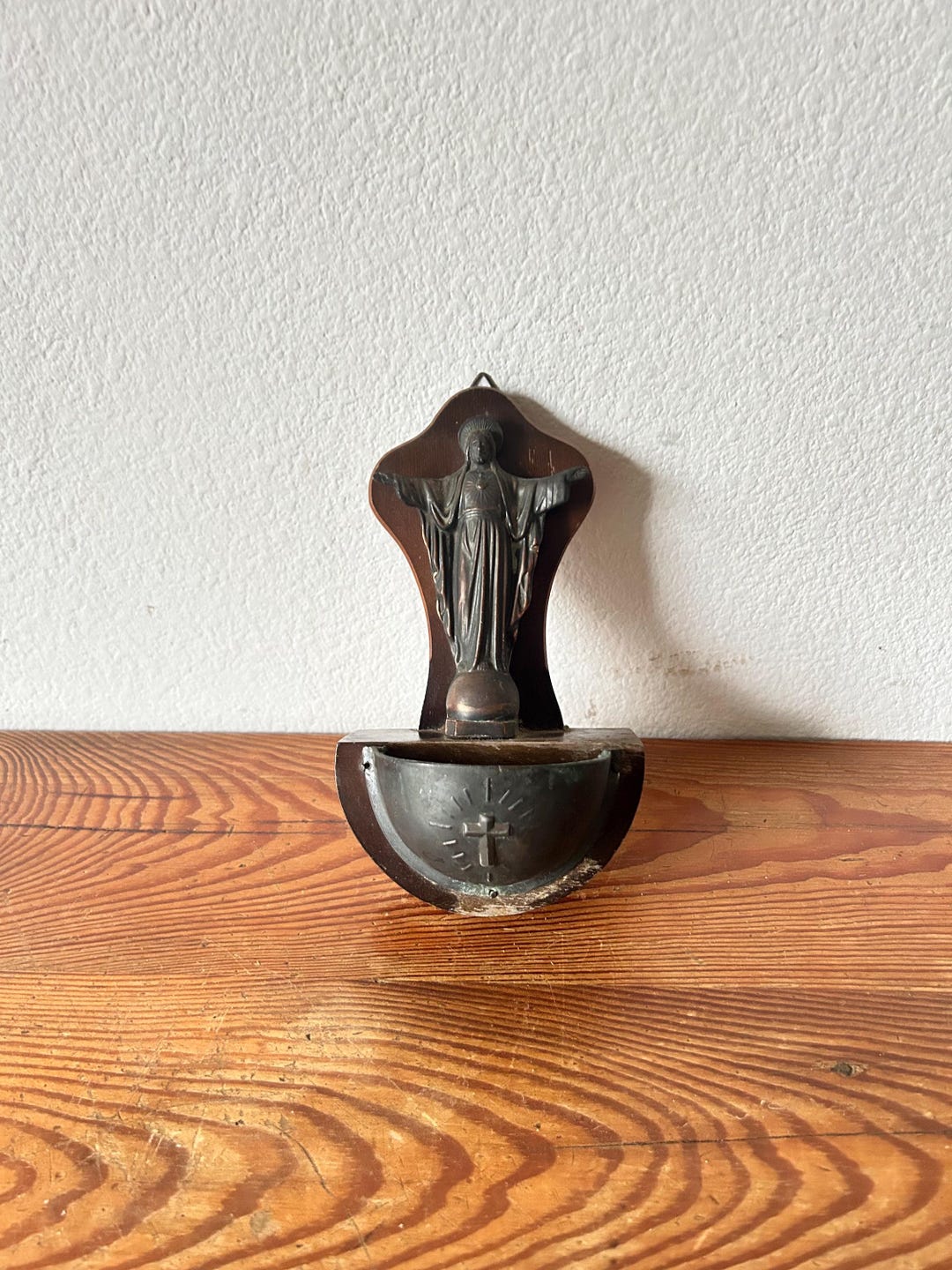 Holy Water Font - With Image of Jesus / Sacred Heart - Copper and Wood ...