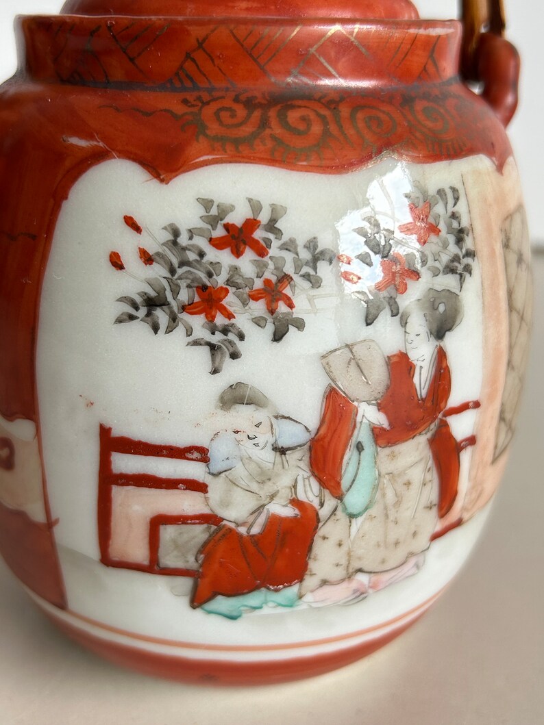 Teapot - Porcelain - Red and White - Japan - Oriental Scene - Hand ...
