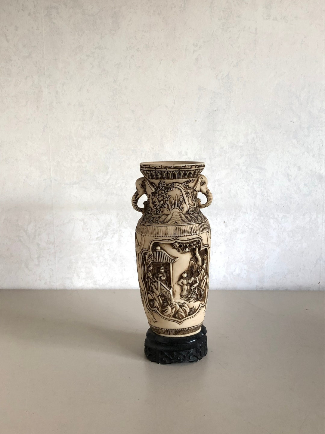 Soapstone Vase With Embossed Figures With Elephant Heads as Ears and ...