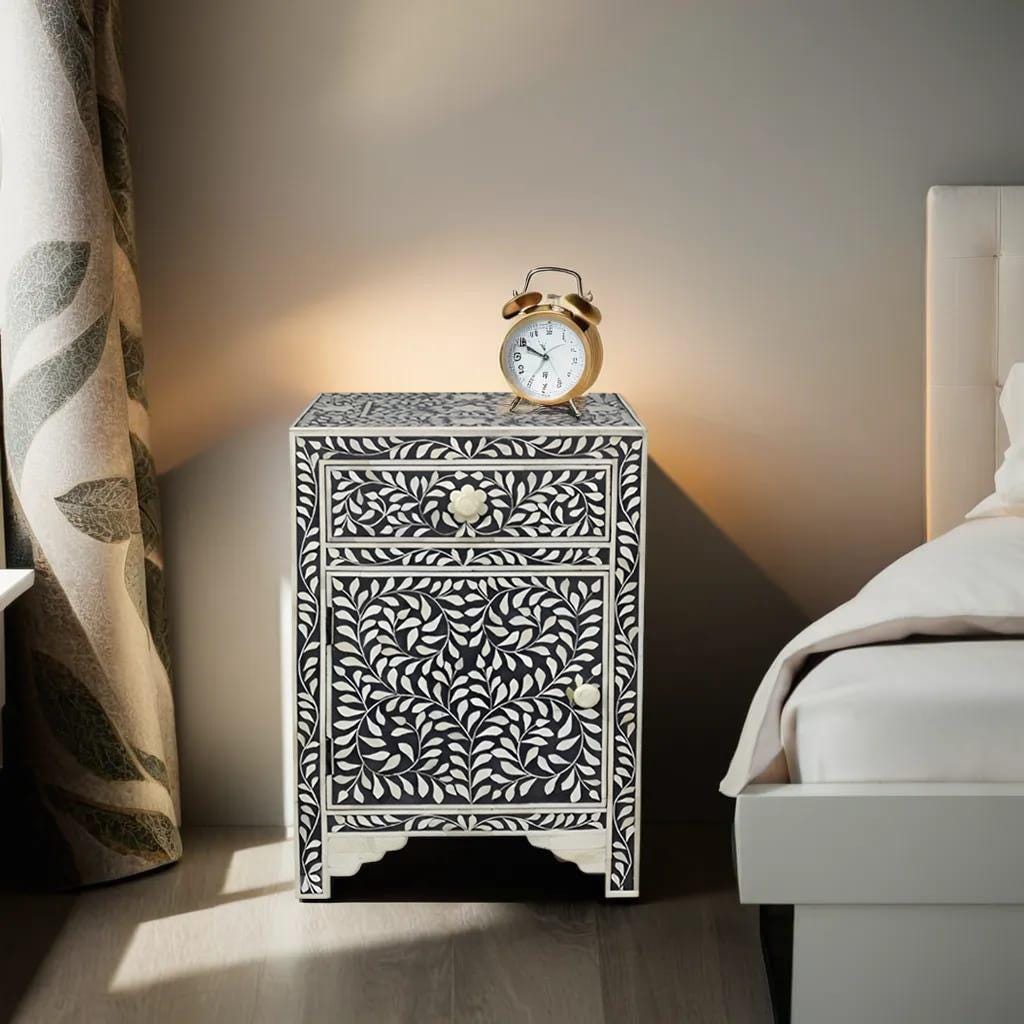 Bone Inlay Floral Design Bedside Table Black, Floral Pattern Nightstand ...