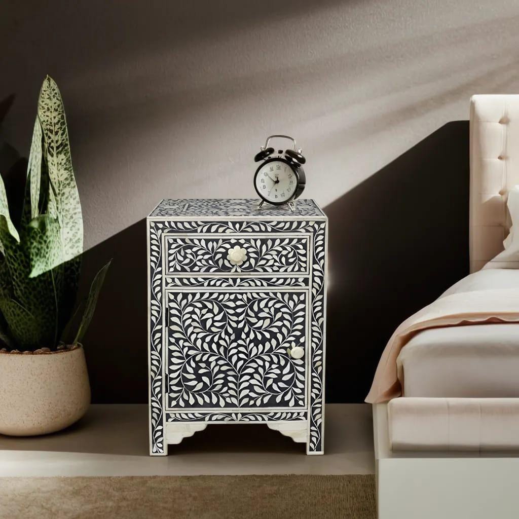 Bone Inlay Floral Design Bedside Table Black, Floral Pattern Nightstand ...