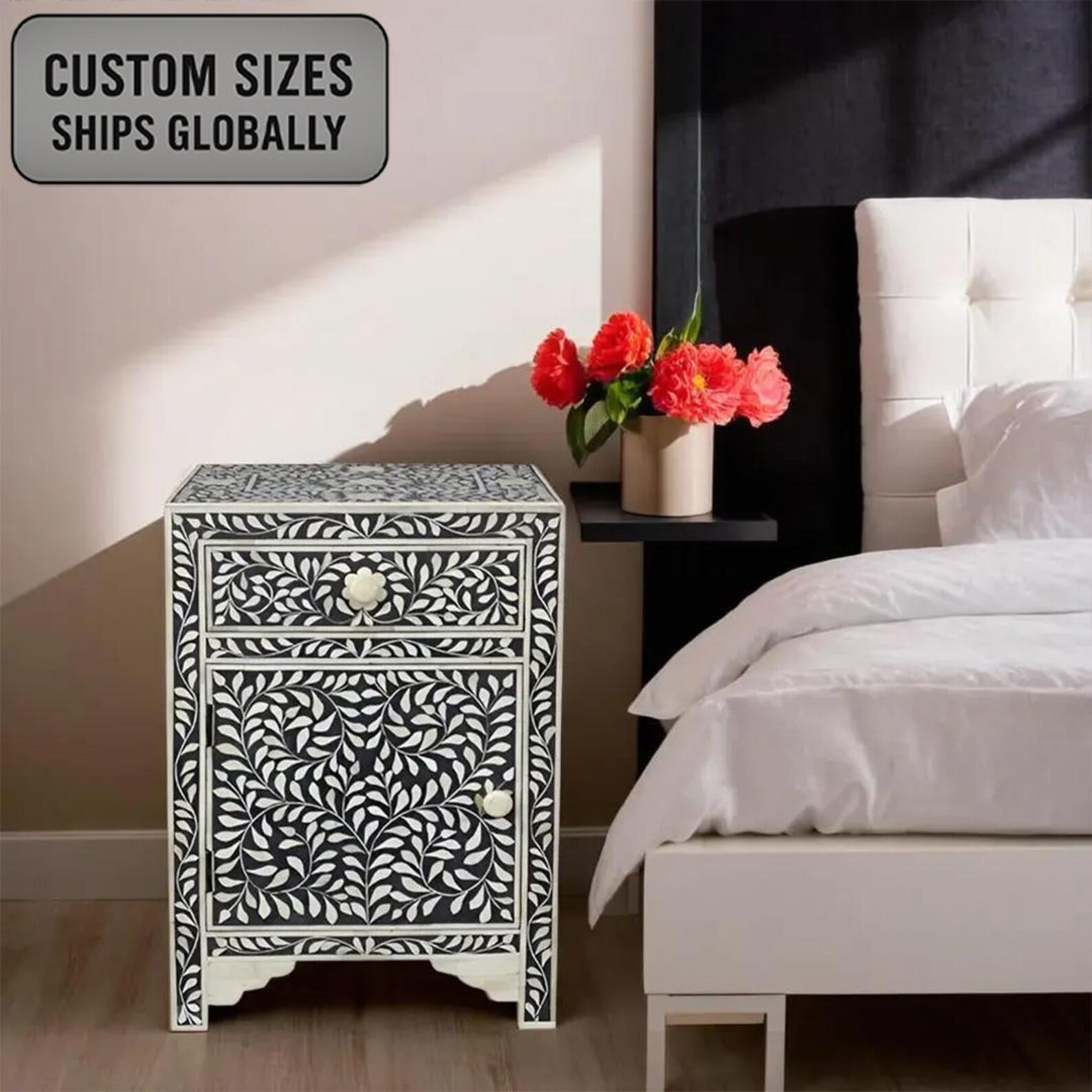Bone Inlay Floral Design Bedside Table Black, Floral Pattern Nightstand ...