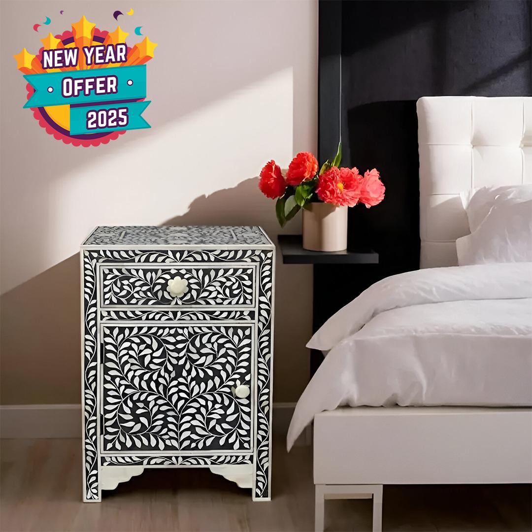 Bone Inlay Floral Design Bedside Table Black, Floral Pattern Nightstand ...
