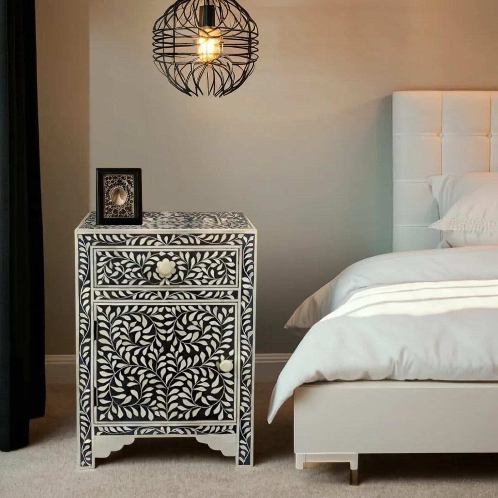 Bone Inlay Floral Design Bedside Table Black, Floral Pattern Nightstand ...