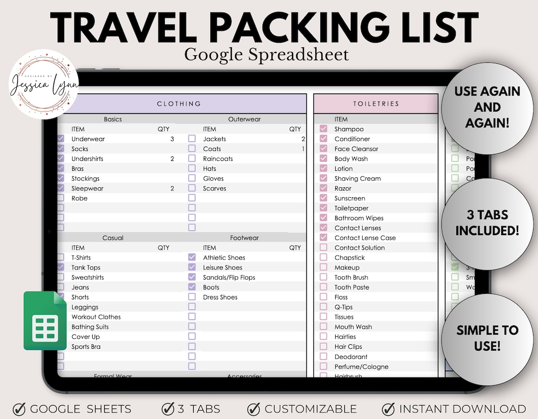 Editable Travel Packing List Spreadsheet | Travel List | Packing ...