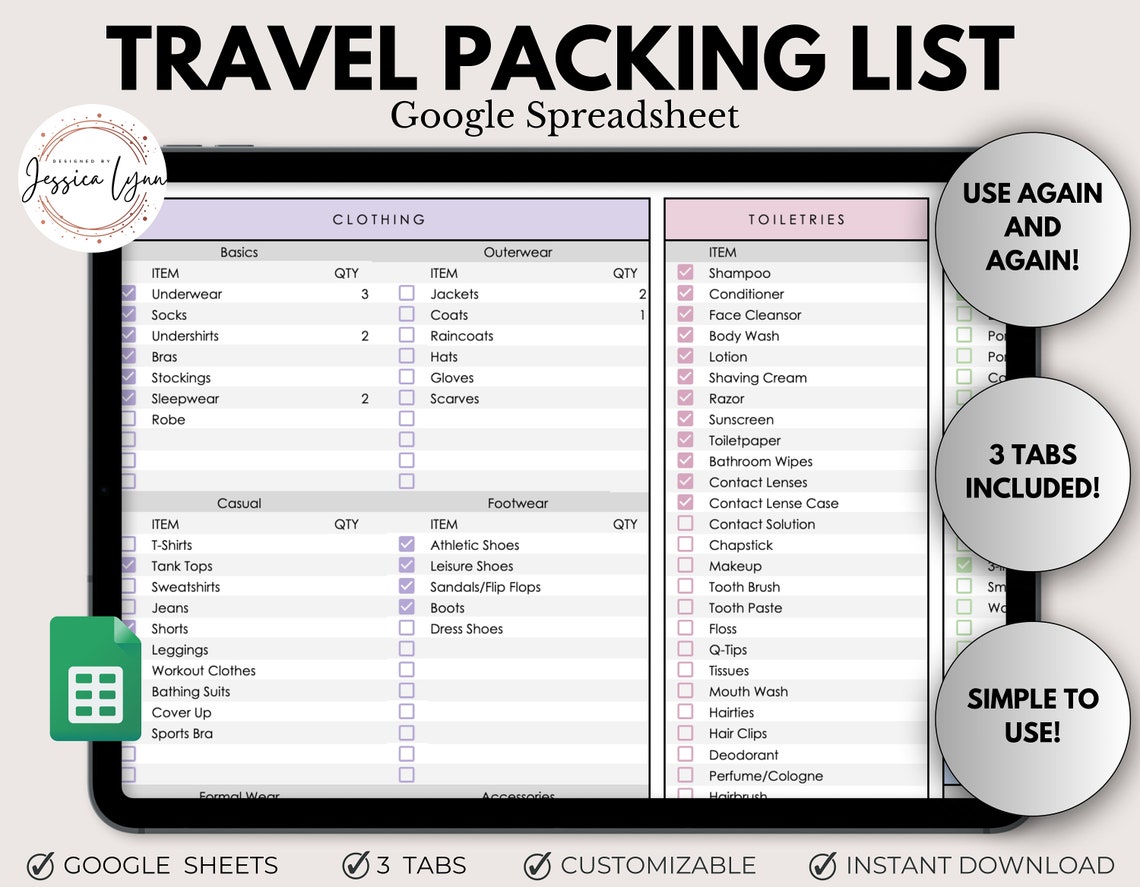 Editable Travel Packing List Spreadsheet Travel List Packing Checklist ...