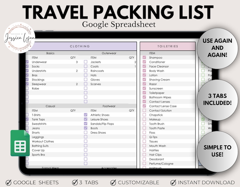 Editable Travel Packing List Spreadsheet | Travel List | Packing ...